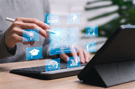 Ai 인공 지능 교육 기술 개념 여성은 라플렛을 사용하고 온라인 웨비나를 성공적으로 배우고 Ai를 사용하여 비즈니스 개발 생성 성공을 위한 새로운 아이디어 미래 기술 가상