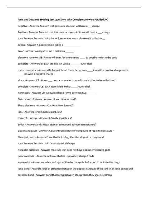 Ionic And Covalent Bonding Test Questions With Complete Answers Graded