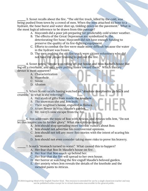 To Kill A Mockingbird Chapter 8 Close Reading Analysis Worksheet Classful