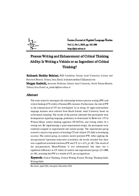 Pdf Process Writing And Enhancement Of Critical Thinking Ability Is Writing A Vehicle Or And