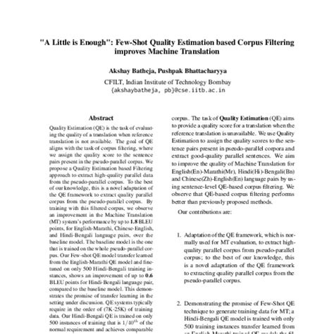 A Little Is Enough” Few Shot Quality Estimation Based Corpus Filtering Improves Machine