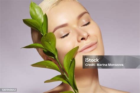 아름다운 여자는 유기농 화장품을 적용합니다 스파 및 웰빙 깨끗한 피부로 모델 의료 리프와 함께 하는 사진 건강한 생활방식에 대한 스톡 사진 및 기타 이미지 Istock