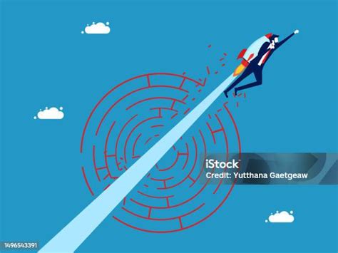 혁신을 통해 장애물과 문제를 극복합니다 미로를 통해 로켓을 타고 날아가는 사업가 가능성에 대한 스톡 벡터 아트 및 기타 이미지 가능성 가리키기 개발 Istock
