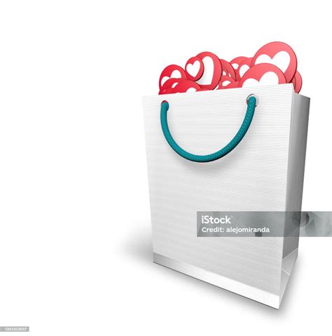 흰색 배경에 I Love 아이콘과 빨간 원의 전체 흰색 종이 가방 3d 일러스트레이션 소매 소비자주의에 대한 스톡 사진 및 기타 이미지 소매 소비자주의 쇼핑 구매