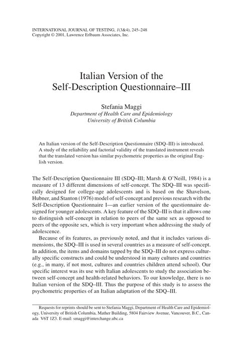 Pdf Italian Version Of The Self Description Questionnaire Iii