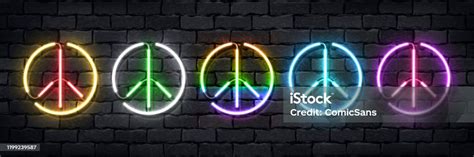 장식 및 벽 배경에 덮고 평화 기호의 사실적인 고립 된 네온 기호의 벡터 세트입니다 행복한 국제 평화의 날의 개념 브로드웨이