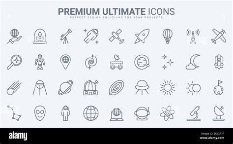 Space Discovery Spaceship And Futuristic Station Thin Line Icons Set Vector Illustration