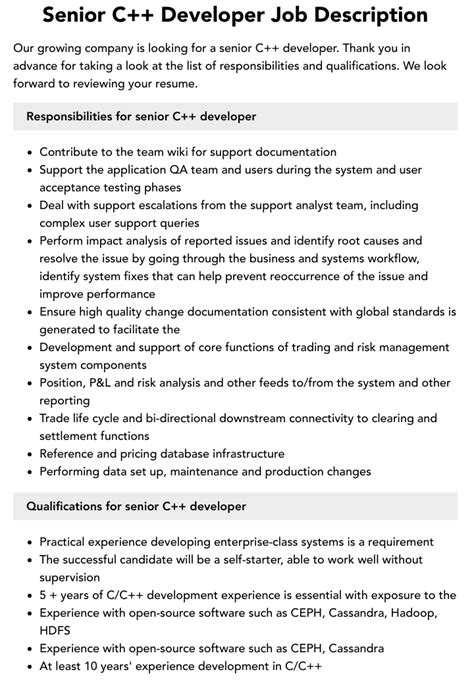 Senior C Developer Job Description Velvet Jobs