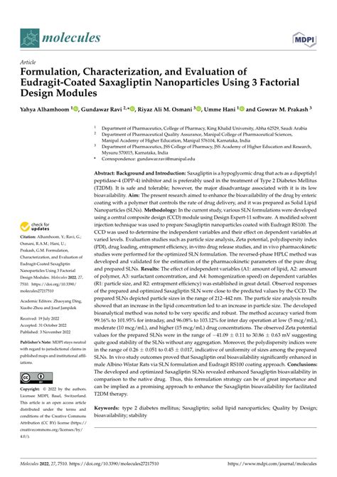 Pdf Formulation Characterization And Evaluation Of Eudragit Coated Saxagliptin Nanoparticles