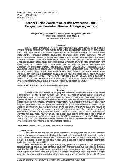 Sensor Fusion Accelerometer Dan Gyroscope Untuk Pengukuran Perubahan Kinematik Pergelangan Kaki