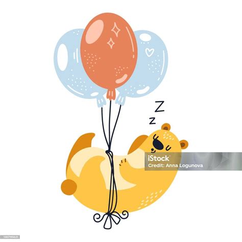 흰색 배경에 고립 된 풍선 행복한 만화 일러스트에 비행 꿈꾸는 귀여운 곰 벡터 잠자기에 대한 스톡 벡터 아트 및 기타 이미지 잠자기 곰 테디 베어 Istock