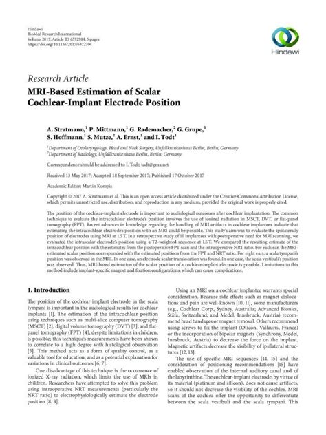 Pdf Mri Based Estimation Of Scalar Cochlear Implant Electrode