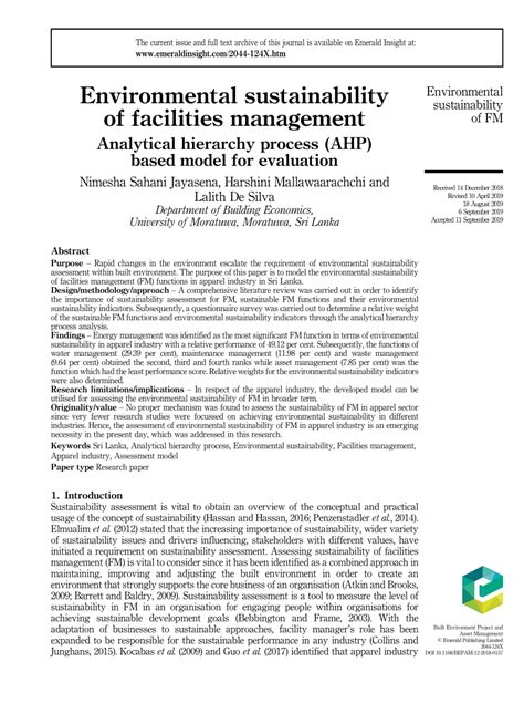 Pdf Environmental Sustainability Of Facilities Management Analytical Hierarchy Process Ahp