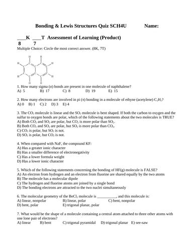 Covalent Bonding And Lewis Structures Quiz Molecule Shapes Vsepr Bond Angles With Answers 12