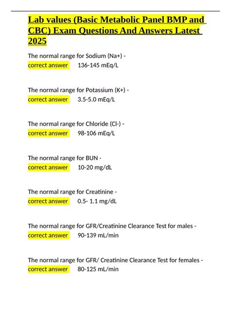 Lab Values Basic Metabolic Panel Bmp And Cbc Exam Questions And Answers Latest 2025docx Bmp