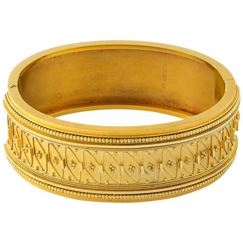 Dramatic Victorian English Etruscan Yellow Gold Bangle Bracelet For