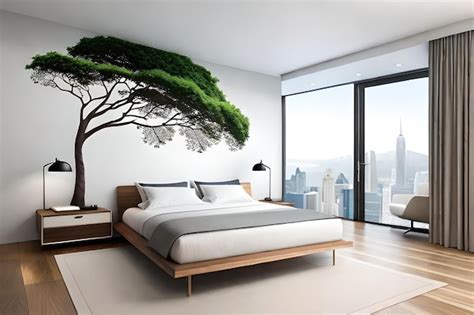 Premium Photo A Bedroom With A Tree And A Cityscape On The Wall