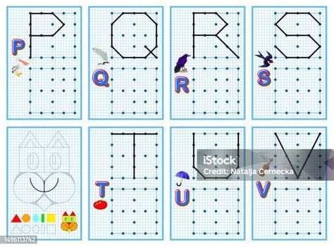 정사각형 종이에 어린 아이들을 위한 교육 페이지 세트 점들을 연결하십시오 예를 들어 알파벳 문자를 그립니다 작문 능력 개발 어린이 학교 교과서에 대한 인쇄 가능한 워크 시트