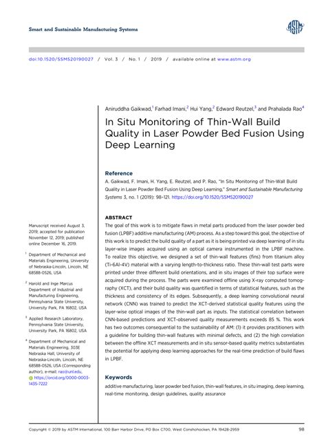Pdf In Situ Monitoring Of Thin Wall Build Quality In Laser Powder Bed Fusion Using Deep Learning