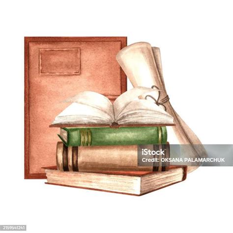 책 더미와 파피루스 두루마리가 있는 공책 오래된 양피지와 일기장으로 구성 손으로 그린 수채화 그림이 분리되어 있습니다 교육 개념