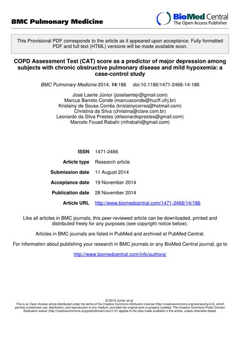 Pdf Copd Assessment Test Cat Score As A Predictor Of Major Depression Among Subjects With