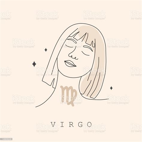 처녀자리 조디악 기호 한 줄 그리기 추상적 인 여성 얼굴을 가진 점성술 아이콘 수수께끼와 난해한 윤곽선 로고 별자리 기호 미니멀리스트 스타일의 선형 벡터 일러스트 레이 션