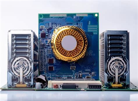 A Computer Motherboard With An Integrated Graphics Card And Two Cpu Coolers Isolated On A White