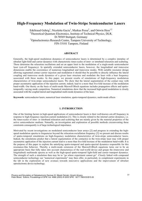 Pdf High Frequency Modulation Of Twin Stripe Semiconductor Lasers
