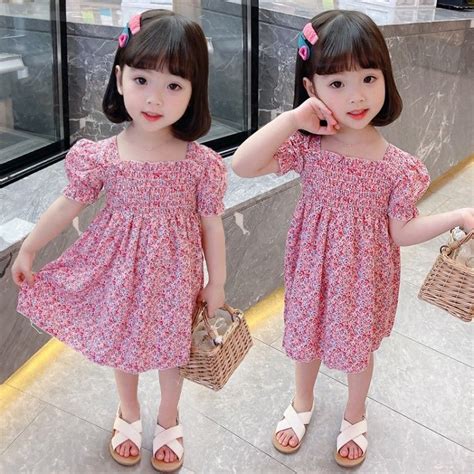 ชุดเดรสกระโปรง แขนพัฟ ผ้าชีฟอง ลายดอกไม้ ขนาดเล็ก แฟชั่นฤดูร้อน สําหรับเด็กผู้หญิง 2021