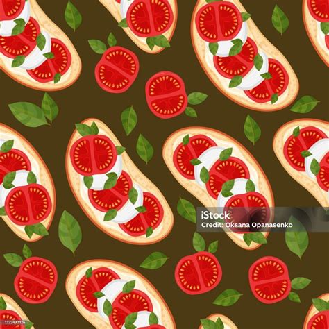 포체렐라와 토마토를 곁들인 샌드위치 패턴 브루스케타 건강에 좋은 음식 채식주의 만화 스타일의 간단한 그리기 벡터 그림입니다 건강한 생활방식에 대한 스톡 벡터 아트 및 기타