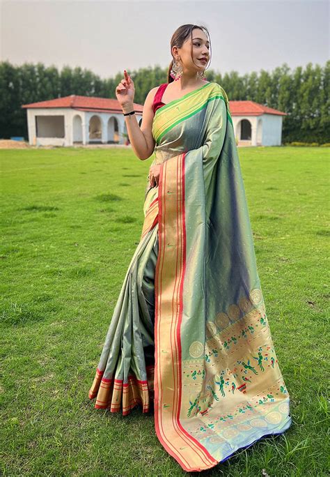 Pista Green Elegant Paithani Silk Saree With Jacquard Weavin