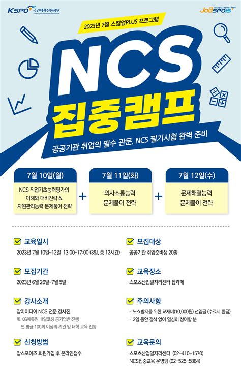 국민체육진흥공단 잡스포이즈 공공기관 필기시험 대비를 위한 Ncs 집중캠프대면 참여자 모집 ~75 선착순 모집