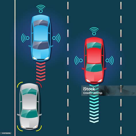 자동차 주변 도로에서 주행하는 자율 스마트 자동차 자동 무선 센서 바코드 스캐너에 대한 스톡 벡터 아트 및 기타 이미지
