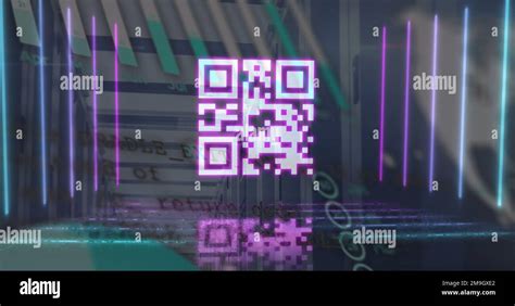 Image Of Pink Qr Code With Neon Lights And Data Processing Over Computer Server Room Stock Photo