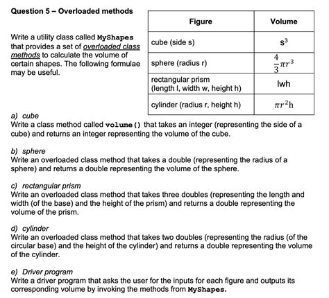 Solved Question 5 Overloaded Methods Figure Volume Cube