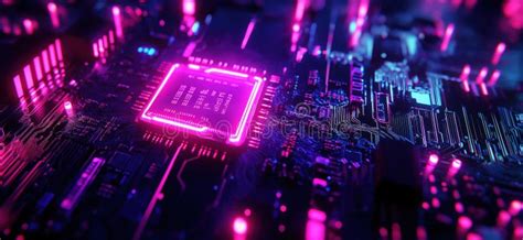 Futuristic Circuit Board With Glowing Neon Lights And Advanced Microchip Design Stock Image
