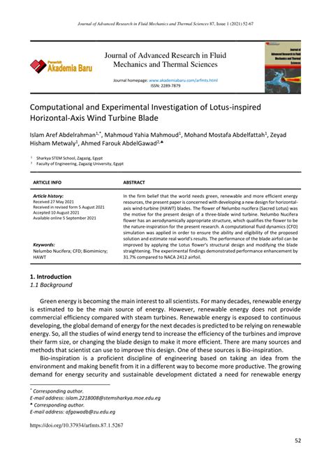 Pdf Computational And Experimental Investigation Of Lotus Inspired Horizontal Axis Wind