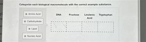 solved categorize each biological macromolecule with the