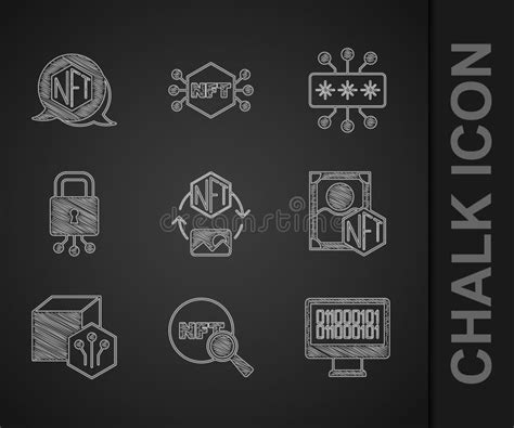 Set Nft Digital Crypto Art Search Binary Code Cyber Security And Icon Vector Stock