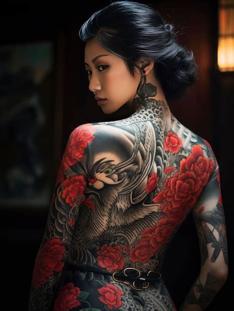 Premium Ai Image Beautiful Asian Yakuza Woman Model With Tattoos Posing On Vivid Neon Background