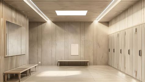 Contemporary Beige Locker Room Interior With Bench And Empty Poster