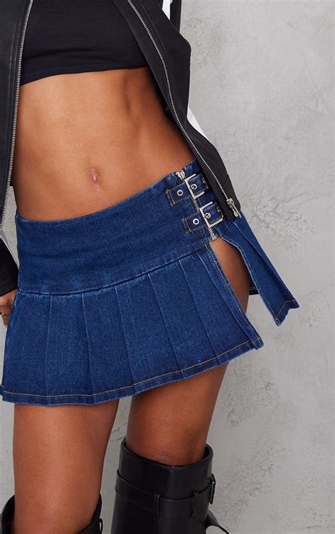 Indigo Vintage Wash Denim Buckle Ultra Mini Skirt Prettylittlething Usa