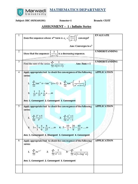 mathematics department assignment 1 infinite series pdf series mathematics sequence