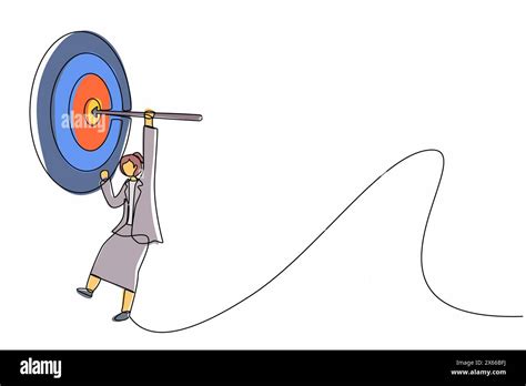 Continuous One Line Drawing Businesswoman Hanging Arrow On Target
