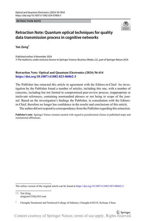 Retraction Note Quantum Optical Techniques For Quality Data Transmission Process In Cognitive