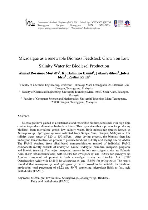 Pdf Microalgae As A Renewable Biomass Feedstock Grown On Low Salinity Water For Biodiesel