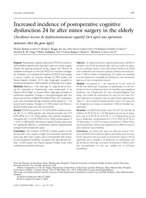 Pdf Increased Incidence Of Postoperative Cognitive Dysfunction 24 Hr After Minor Surgery In