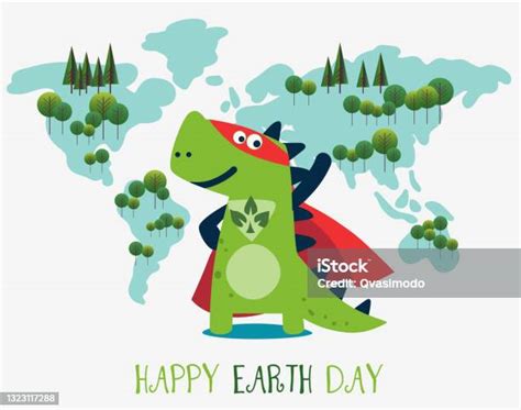 슈퍼 히어로 의상을 입고 재미있는 공룡 슈퍼 디노 바람에 흔들리는 망토와 함께 서 만화 슈퍼 히어로 해피 어스 데이 벡터