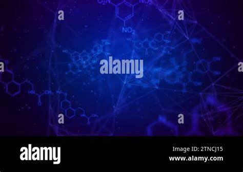 Abstract Chemical Blue Background With Structural Formulas Of Molecules Plexus Lines And Small