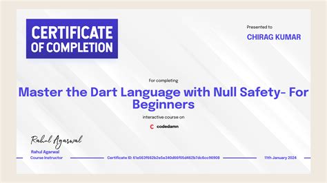 Chirag Kumars Certification For Master The Dart Language With Null Safety For Beginners Codedamn